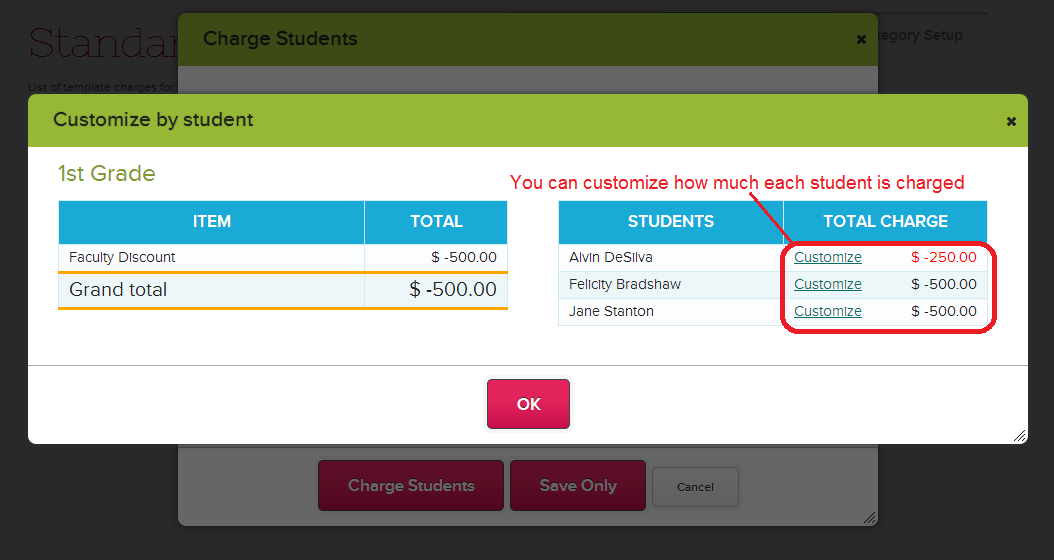 Standard Charges for Discounts - Specific Students